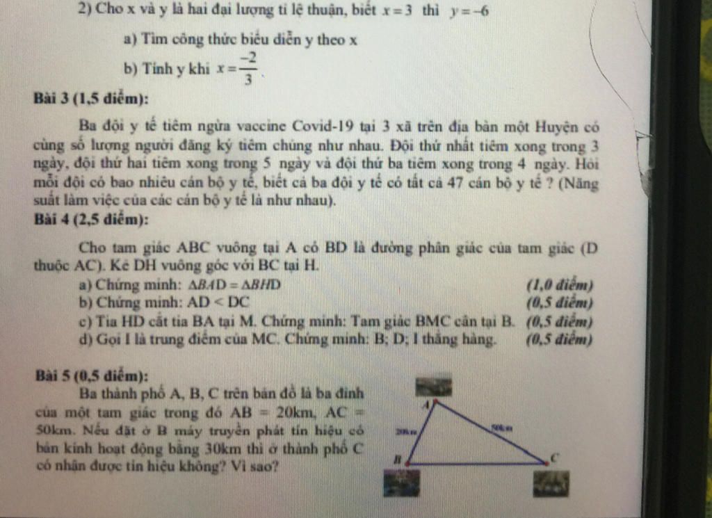 2) Cho x và y là hai đại lượng tỉ lệ thuận, biết x = 3 thì y = 6 a) Tìm ...