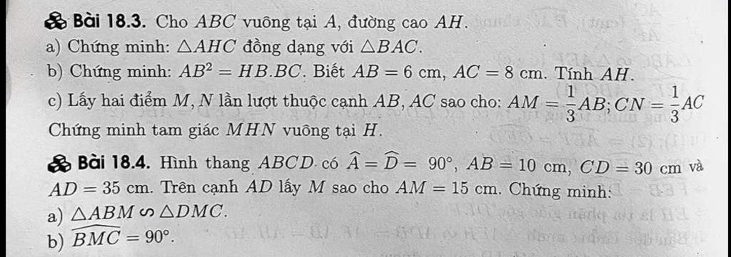 ♠ Bài 18.3. Cho ABC vuông tại A, đường cao AH. a a) Chứng minh: AAHC ...