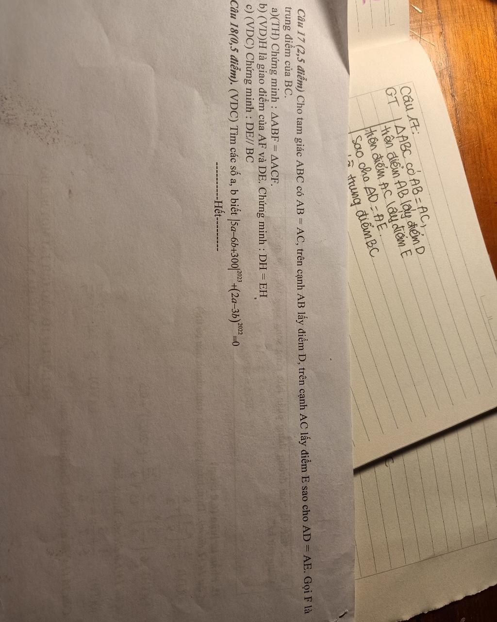 Câu 17: GT LAABC có AB=AC, trên điểm AB lấy điểm D Hiên điểm AC lấy ...