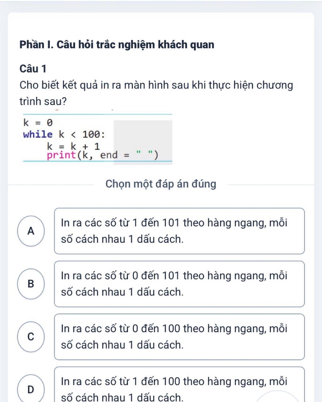 Phần I. Câu hỏi trắc nghiệm khách quan Câu 1 Cho biết kết quả in ra màn ...