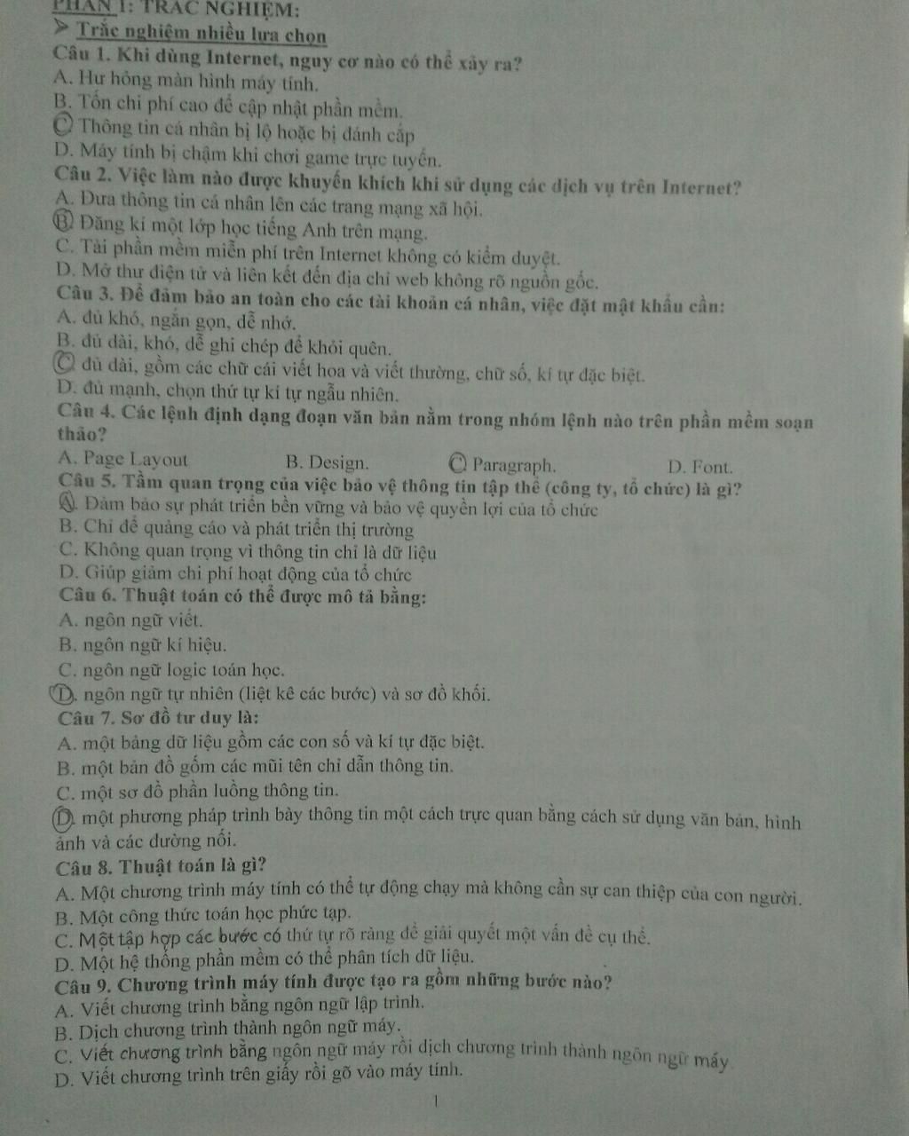 1: TRÁC NGHIỆM: > Trắc nghiệm nhiều lựa chọn Câu 1. Khi dùng Internet, nguy cơ nào có thể xảy ra ...