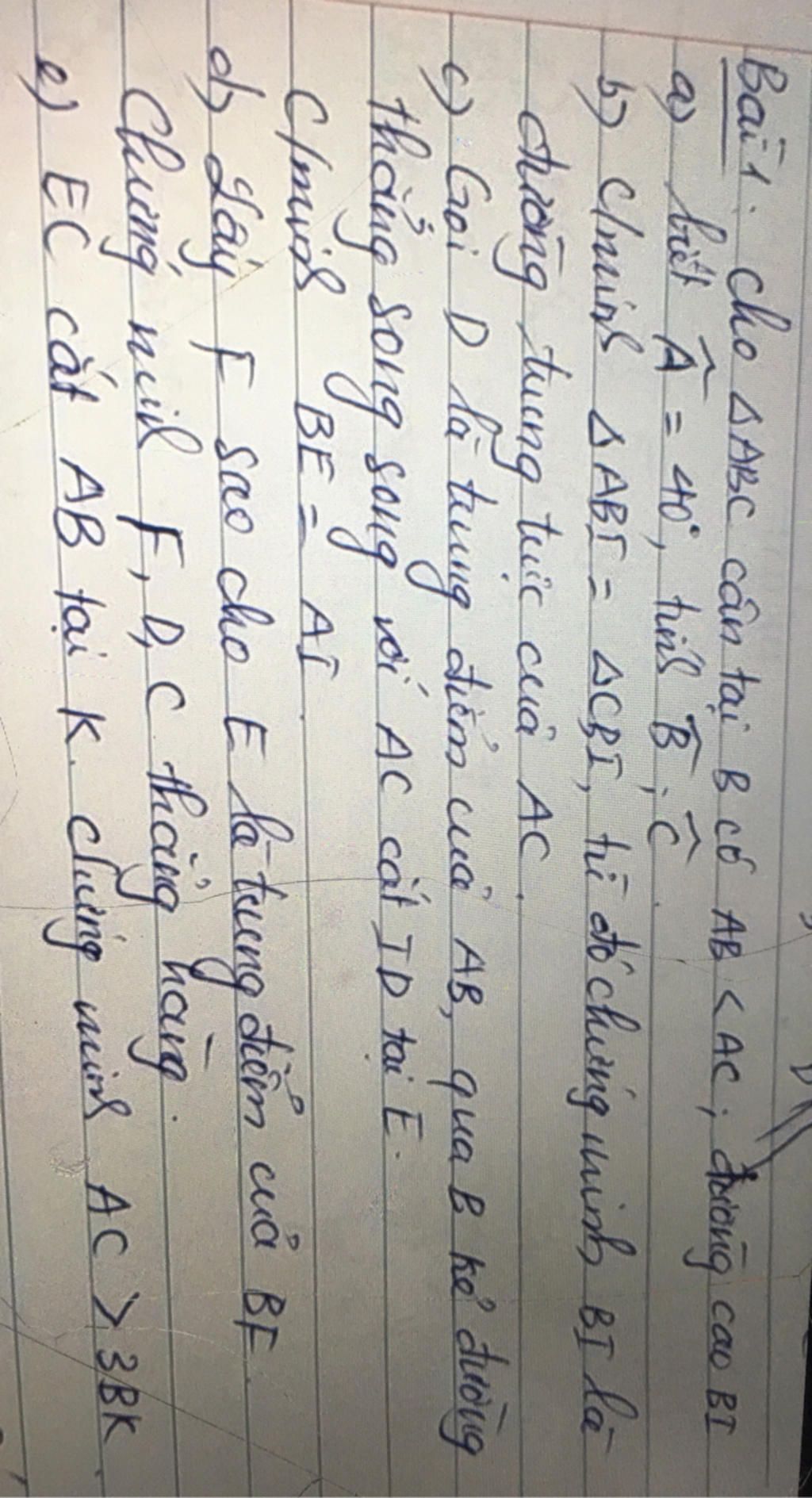 Bài 1 cho SABC cân tại B có AB CÁC, đường a) biết Â40 tính Bắc = cao BI ...