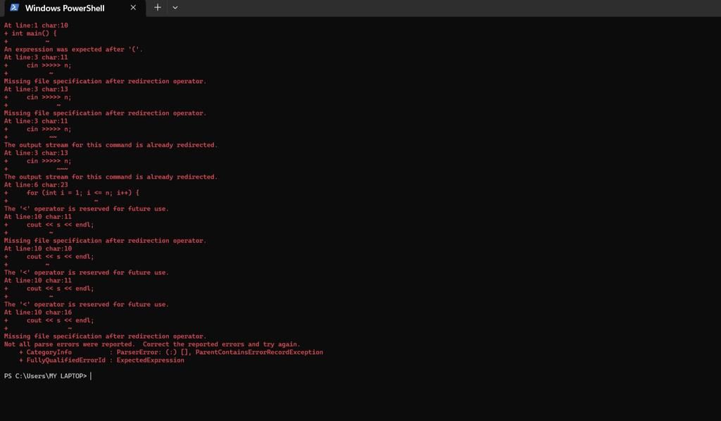 Windows PowerShell At Line:1 char:10 + int main() { + An expression was expected after '('. At ...