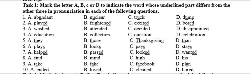 Task 1: Mark the letter A, B, c or D to indicate the word whose underlined part differs from the ...