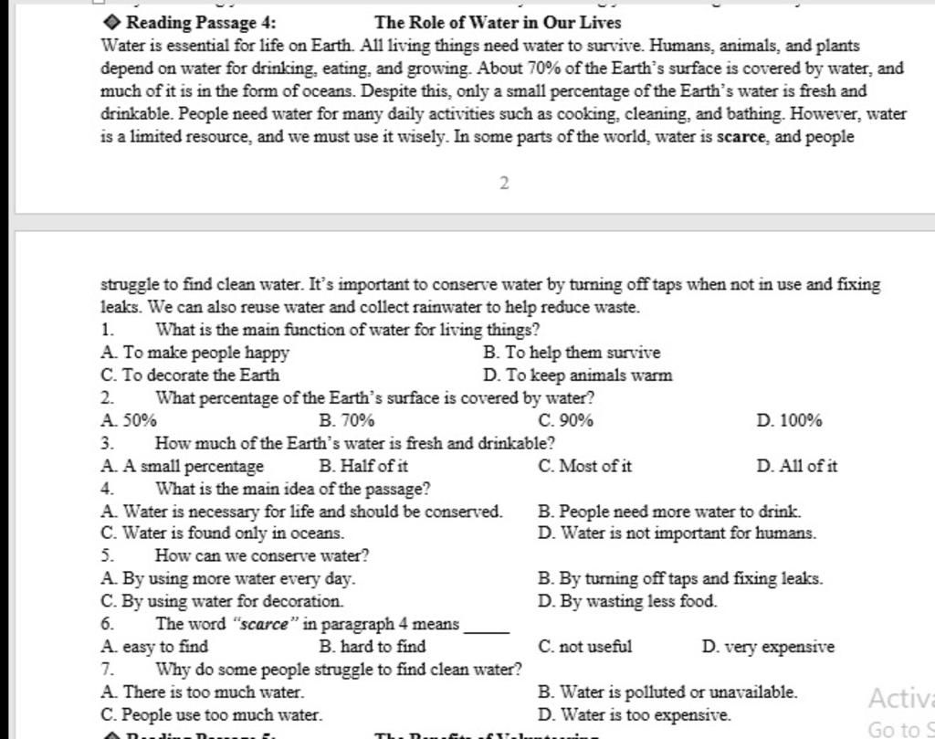 Reading Passage 4: The Role of Water in Our Lives Water is essential ...