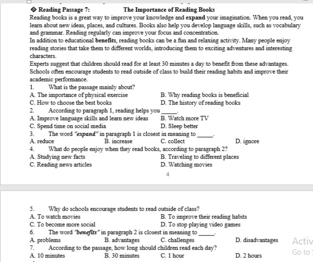 Reading Passage 7: The Importance of Reading Books Reading books is a ...