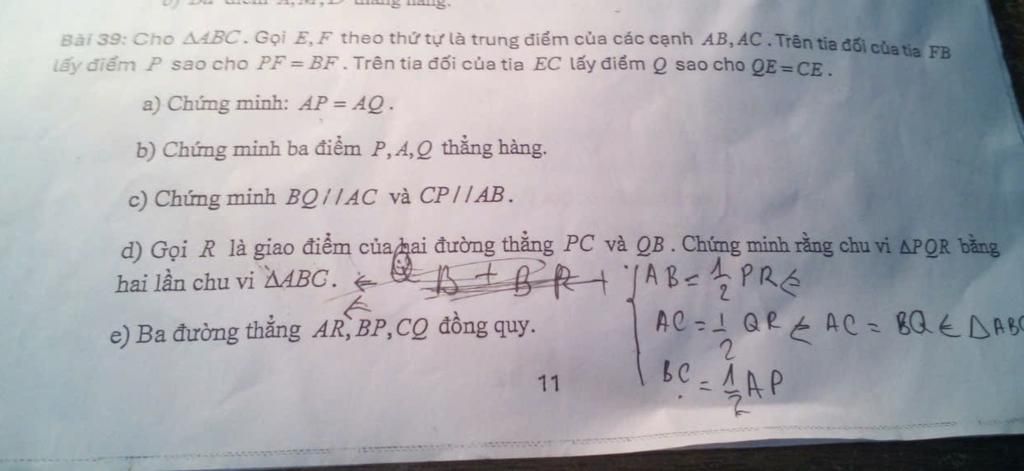 ng mang Bài 39: Cho ABC. Gọi E,F theo thứ tự là trung điểm của các cạnh AB, AC . Trên tia đối ...