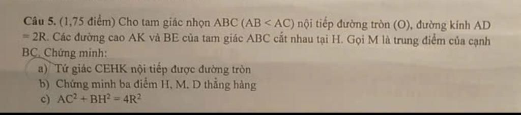 Câu 5. (1,75 điểm) Cho tam giác nhọn ABC (AB