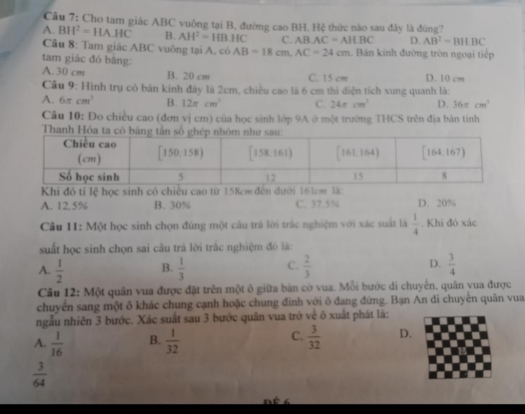 Câu 7: Cho tam giác ABC vuông tại B, đường cao BH. Hệ thức nào sau đây là đúng? A. BH2 HA.HC B ...