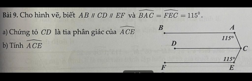Bài 9. Cho hình vẽ, biết AB // CD | EF và BAC = FEC =115°. a) Chứng tỏ ...