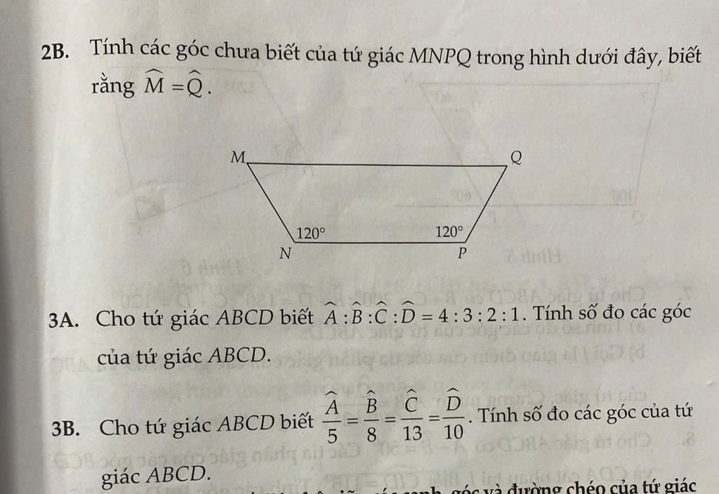 2B. Tính các góc chưa biết của tứ giác MNPQ trong hình dưới đây, biết ...