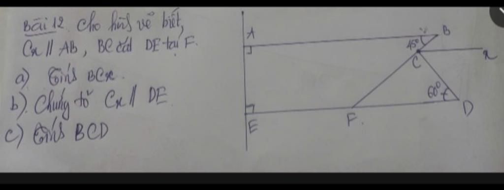 Bai 12 cho his ve brit, Call AB, BC cal DE tai F. a) Gin's Bex b ...