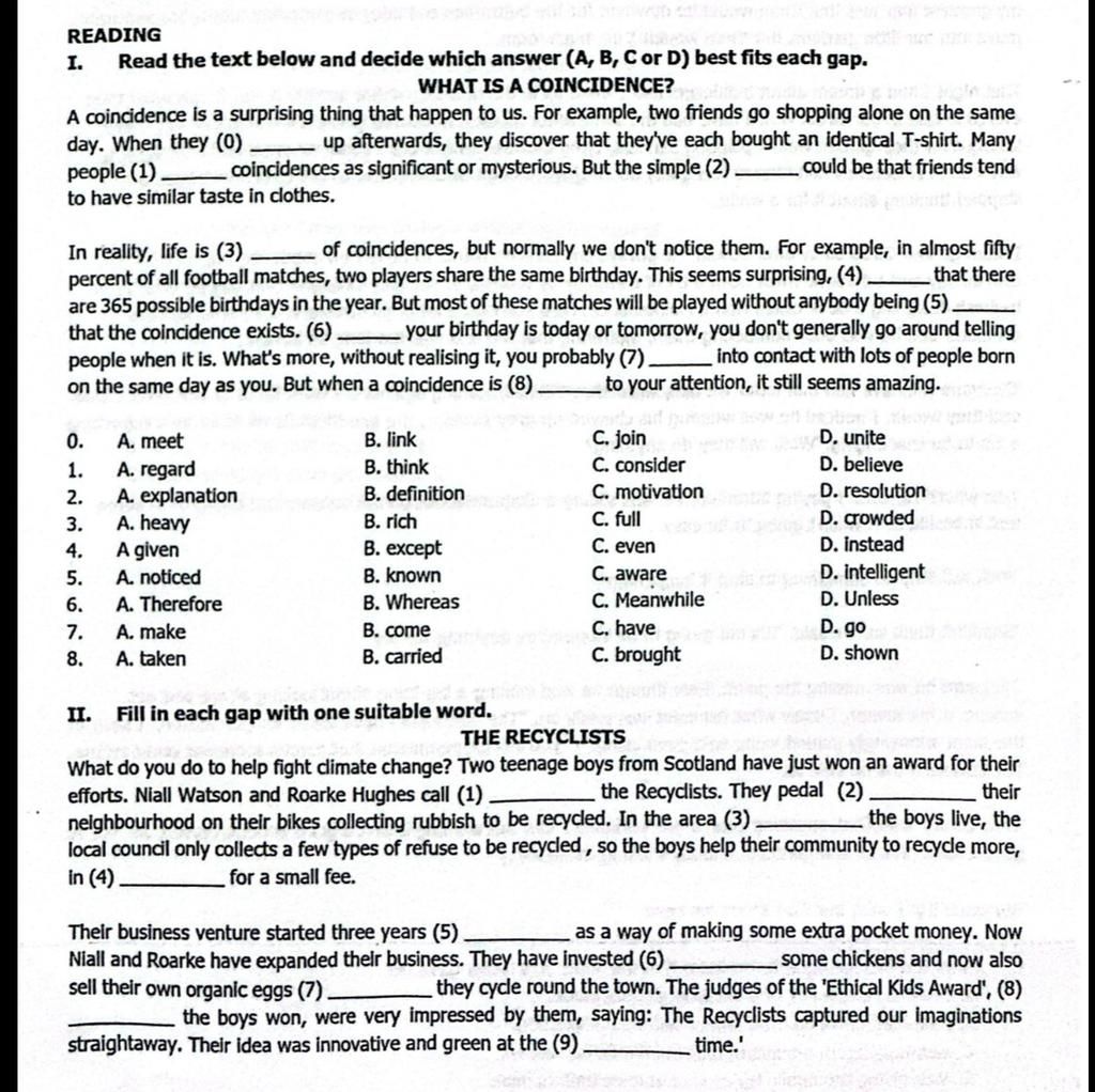 READING I. Read the text below and decide which answer (A, B, C or D ...