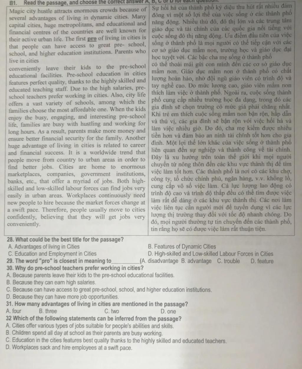 B1. Read the passage, and choose the correct answer live in cities ...