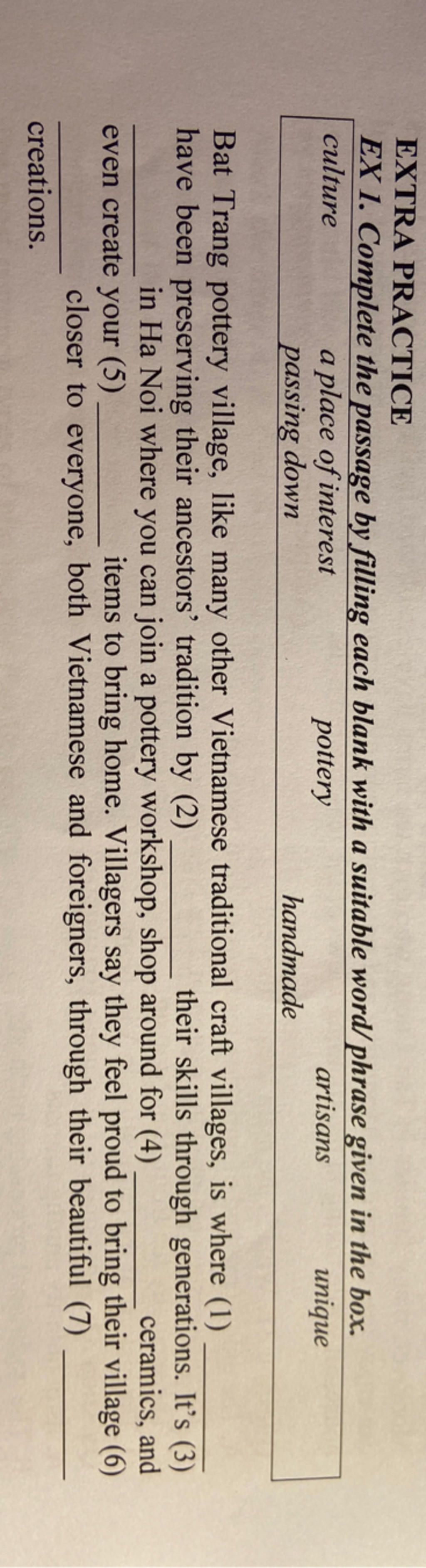 EXTRA PRACTICE EX 1. Complete the passage by filling each blank with a ...